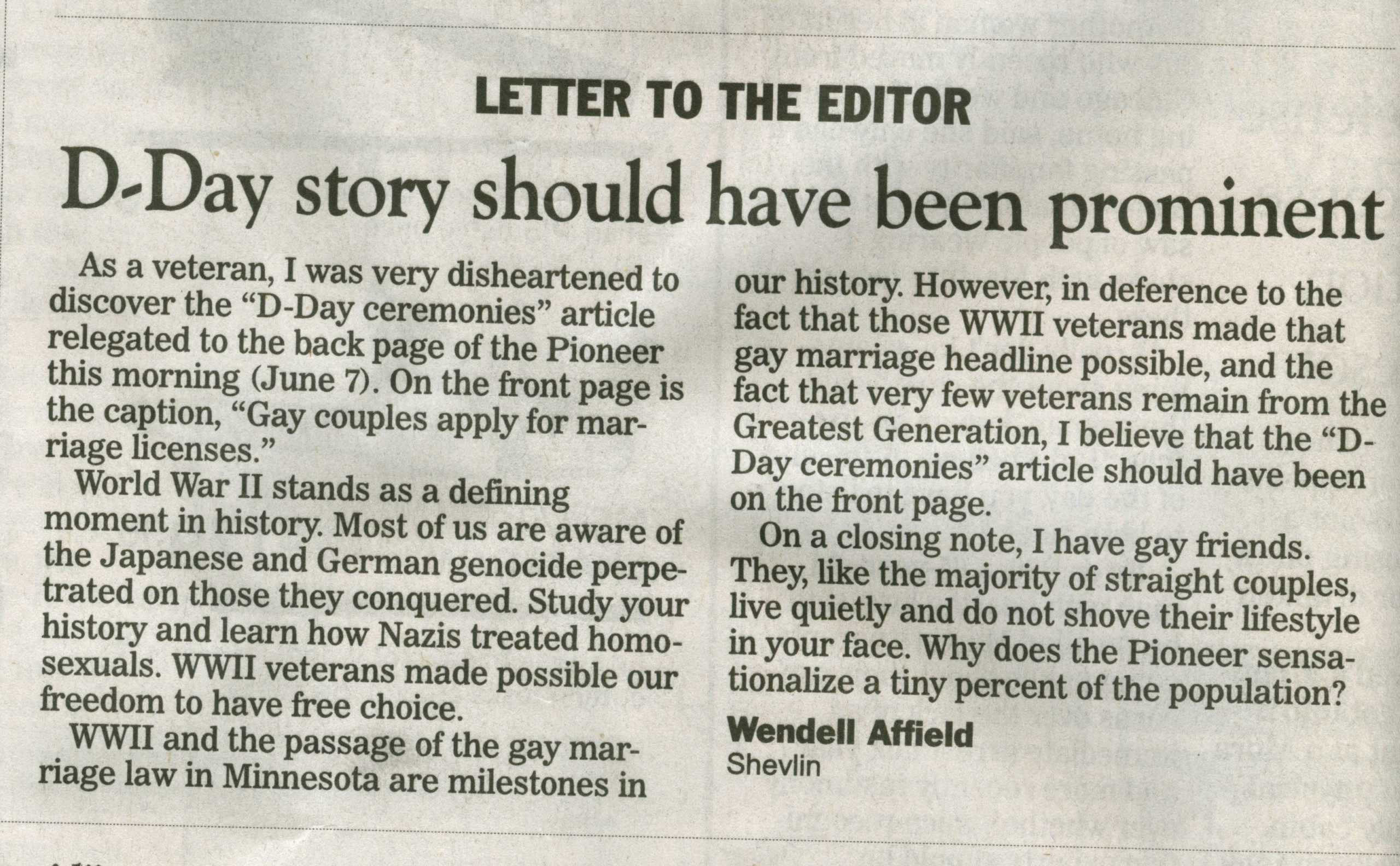 Gay Marriage Headline Trumps D-Day ceremony in Local Media - Wendell ...